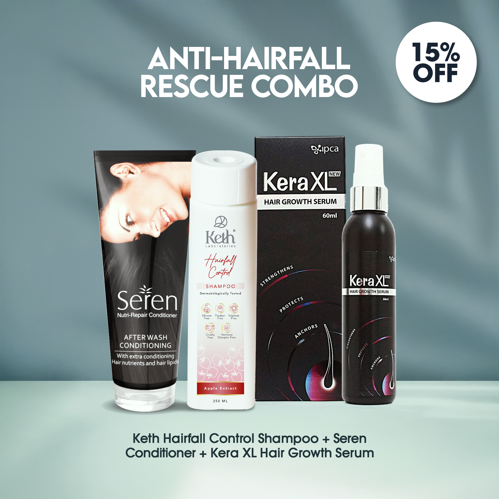 Anti-Hairfall Rescue Combo – Keth Shampoo, Seren Conditioner & Kera XL ...